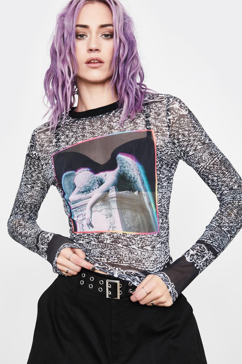 Current Mood Mesh Long Sleeve Static Angel Graphic Print – Dolls Kill