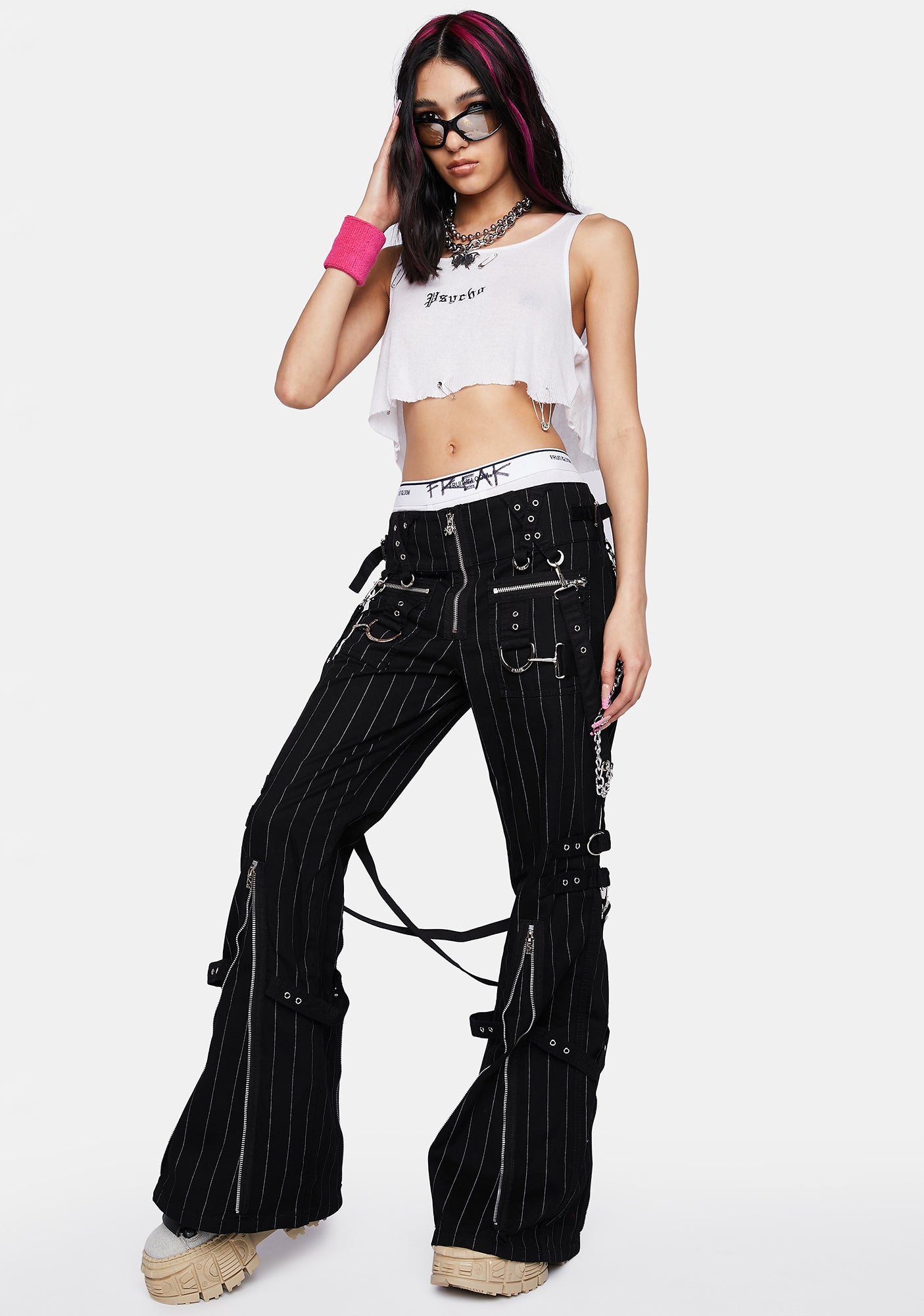 Tripp NYC Pinstripe D Ring Bondage Flare Pants – Dolls Kill