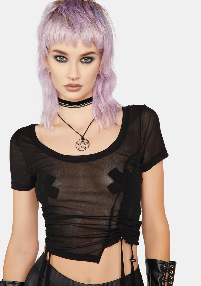 Punk Rave Sheer Mesh Ruched Crop Top - Black – Dolls Kill