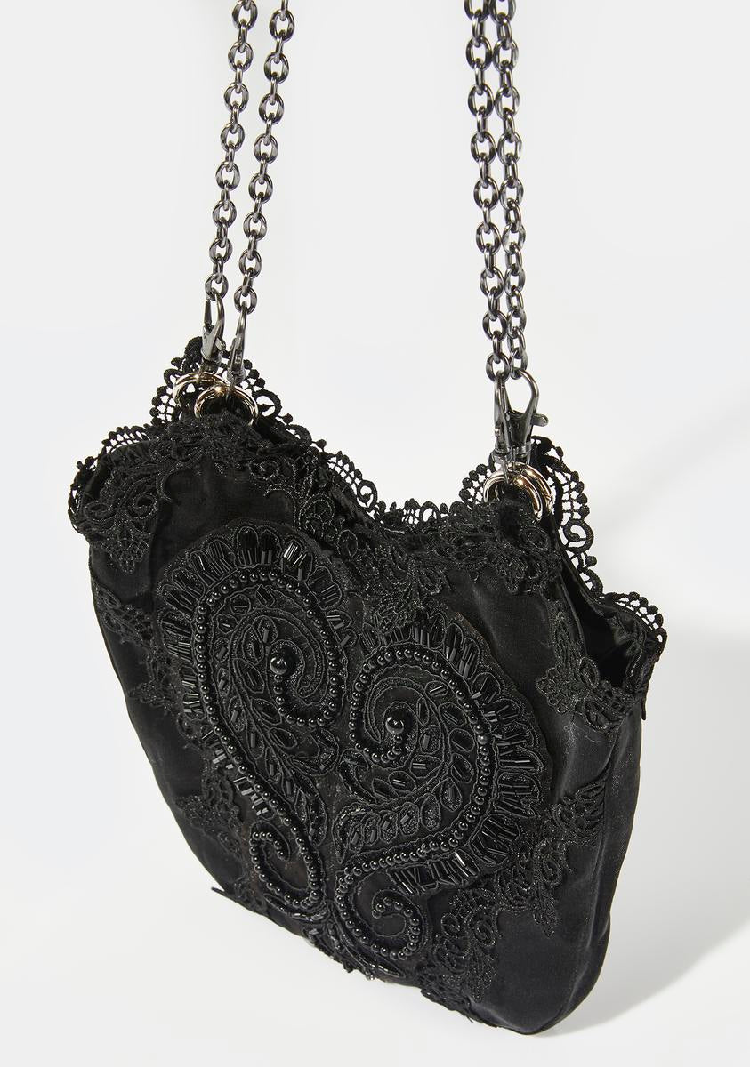 Devil Fashion Lace Embroidered Heart Chain Crossbody Bag Black – Dolls Kill