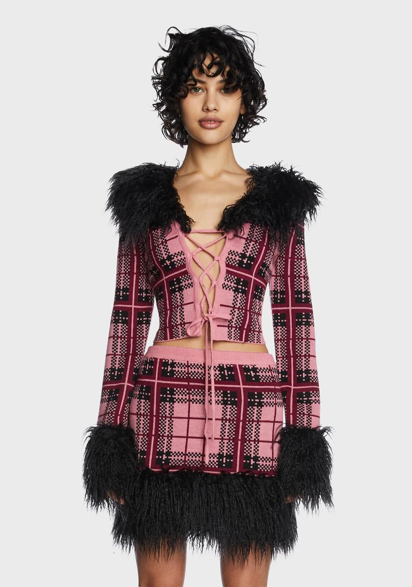 The Ragged Priest Plaid Fur Trim Cardigan - Pink – Dolls Kill