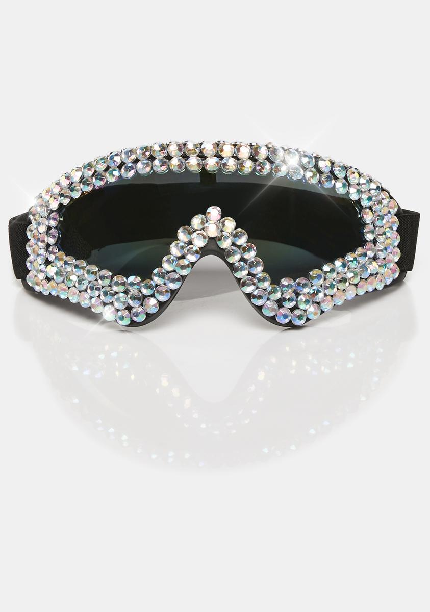 Rhinestone Embellished Ski Goggles - Black/Iridescent – Dolls Kill