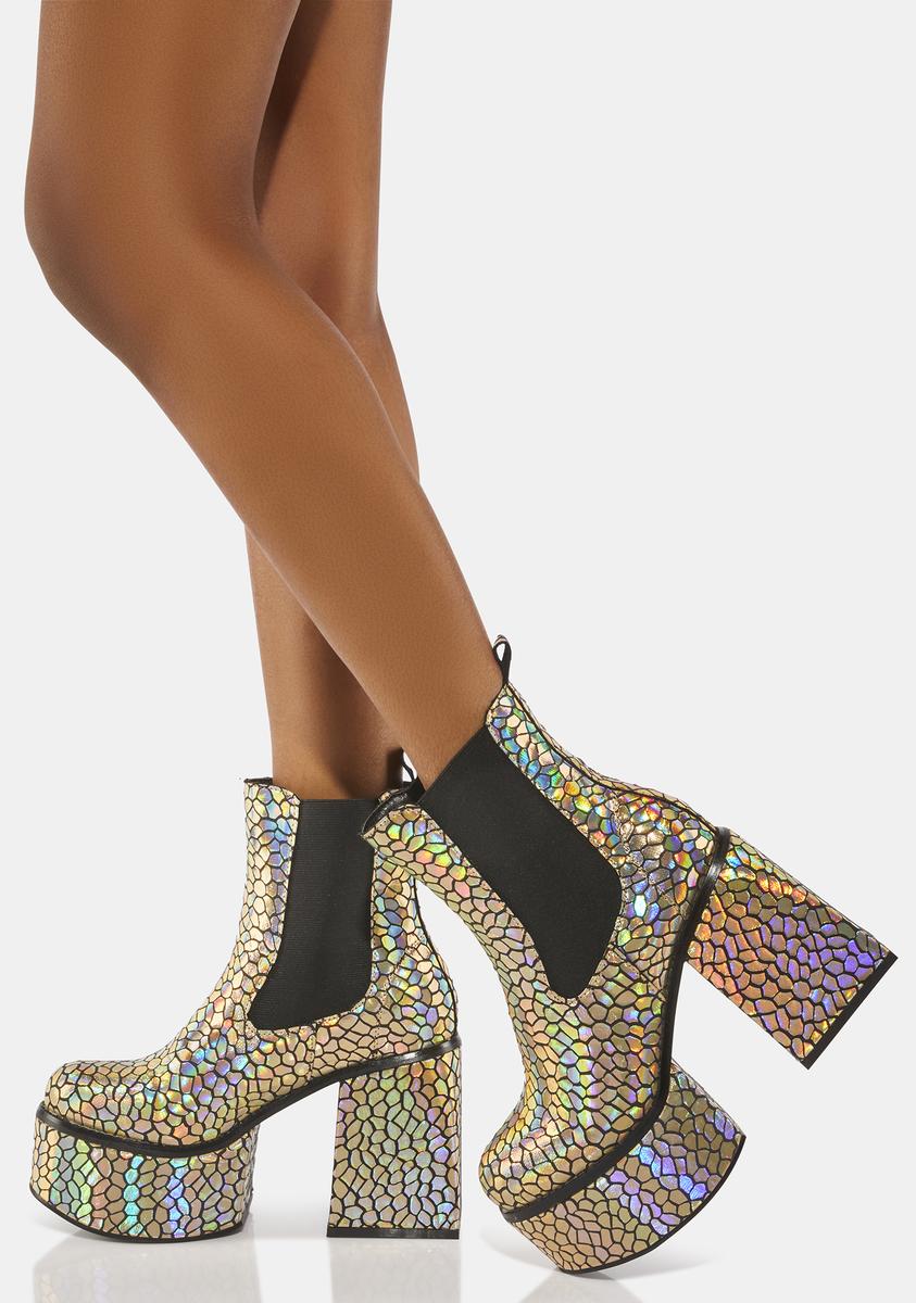 Vegan Patent Leather Holographic Croc Platform Ankle Boots - Silver ...