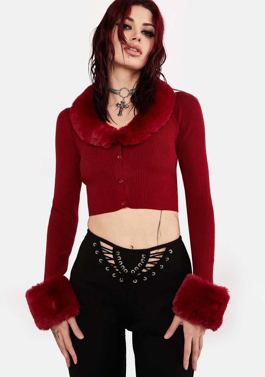The Kript Ribbed Knit Faux Fur Cardigan Crop Top - Red – Dolls Kill