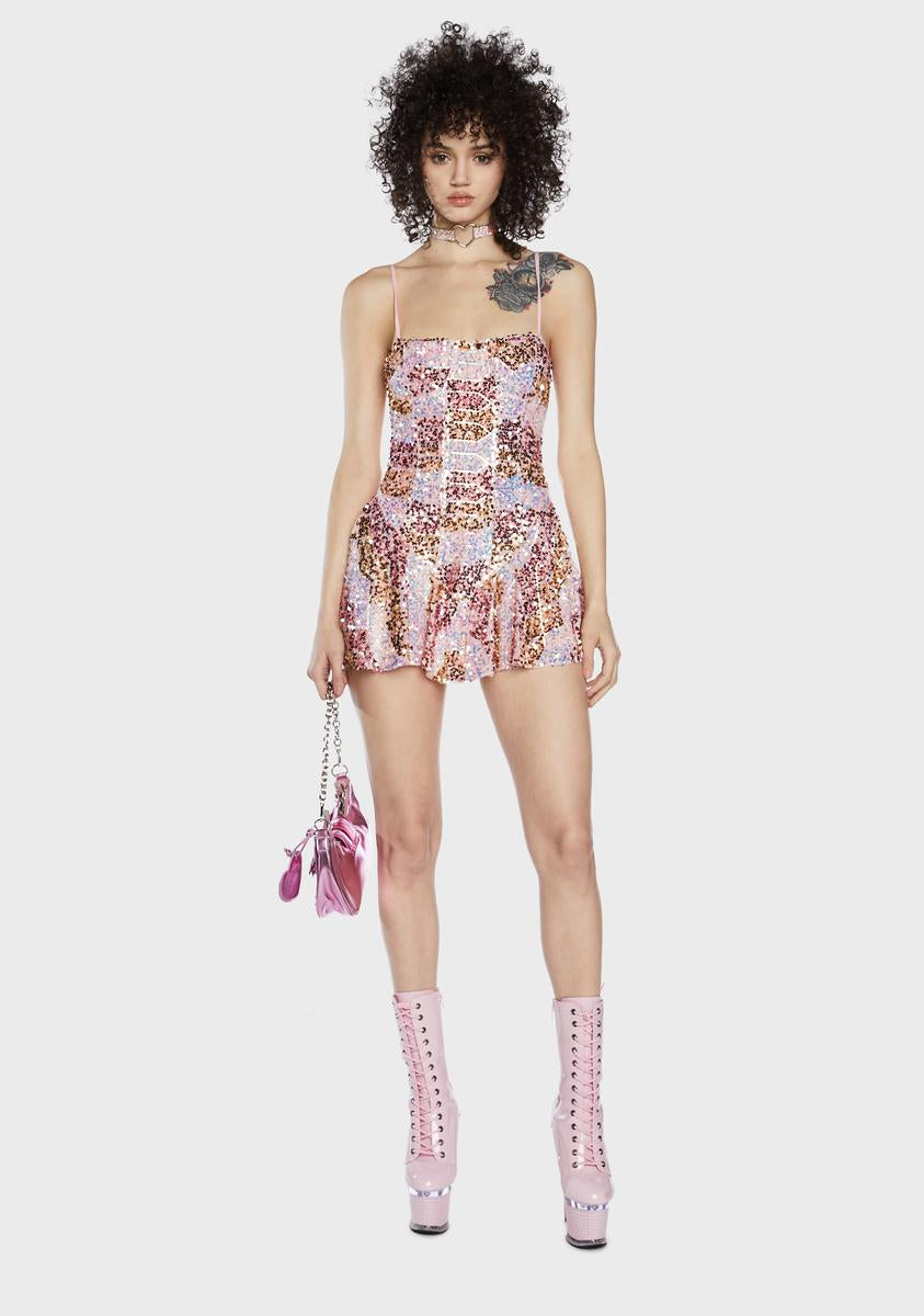 Sequin Geometric Romper Mini Dress - Pink – Dolls Kill