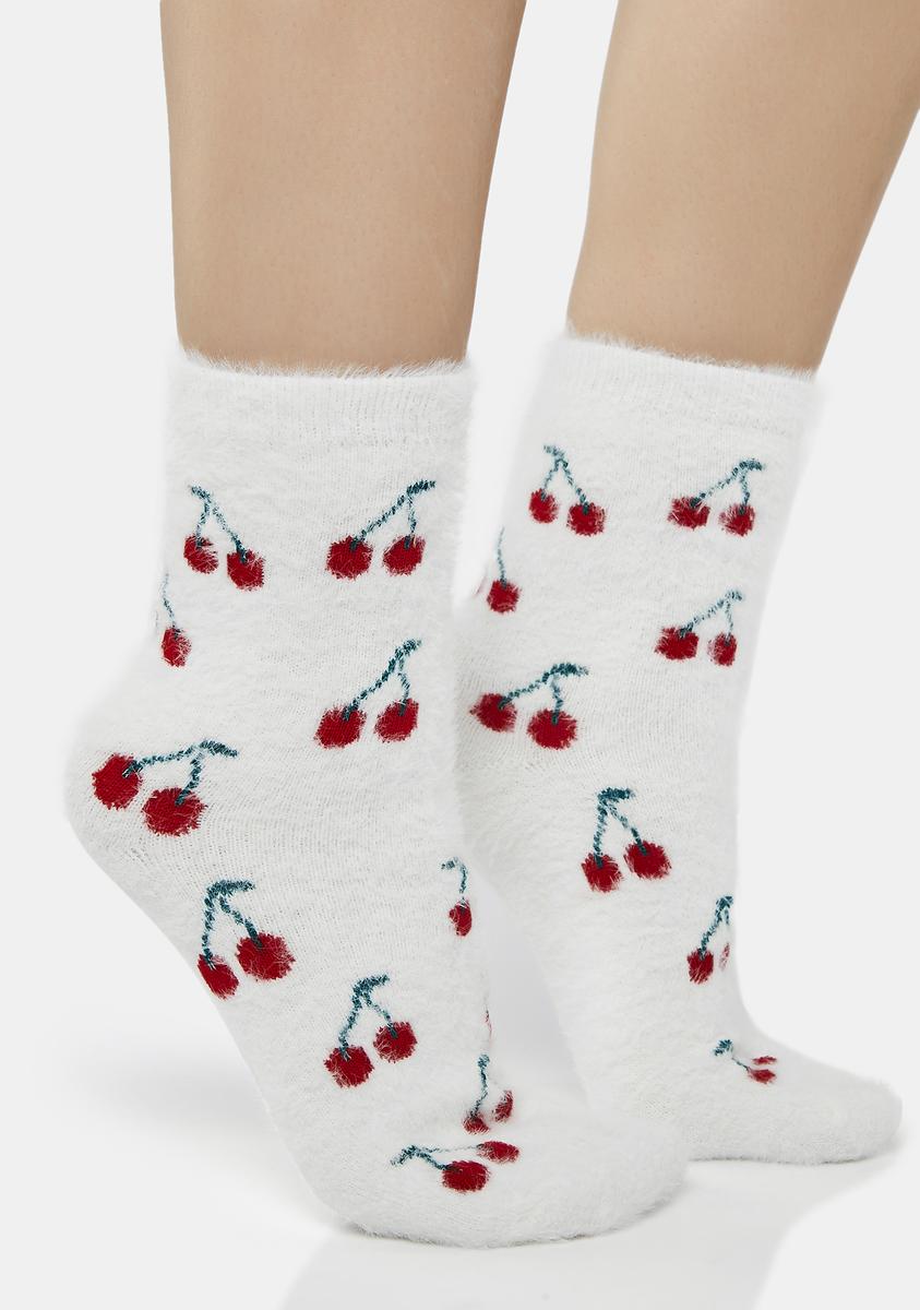 MeMoi Cherry Print Fuzzy Crew Socks - Off White – Dolls Kill