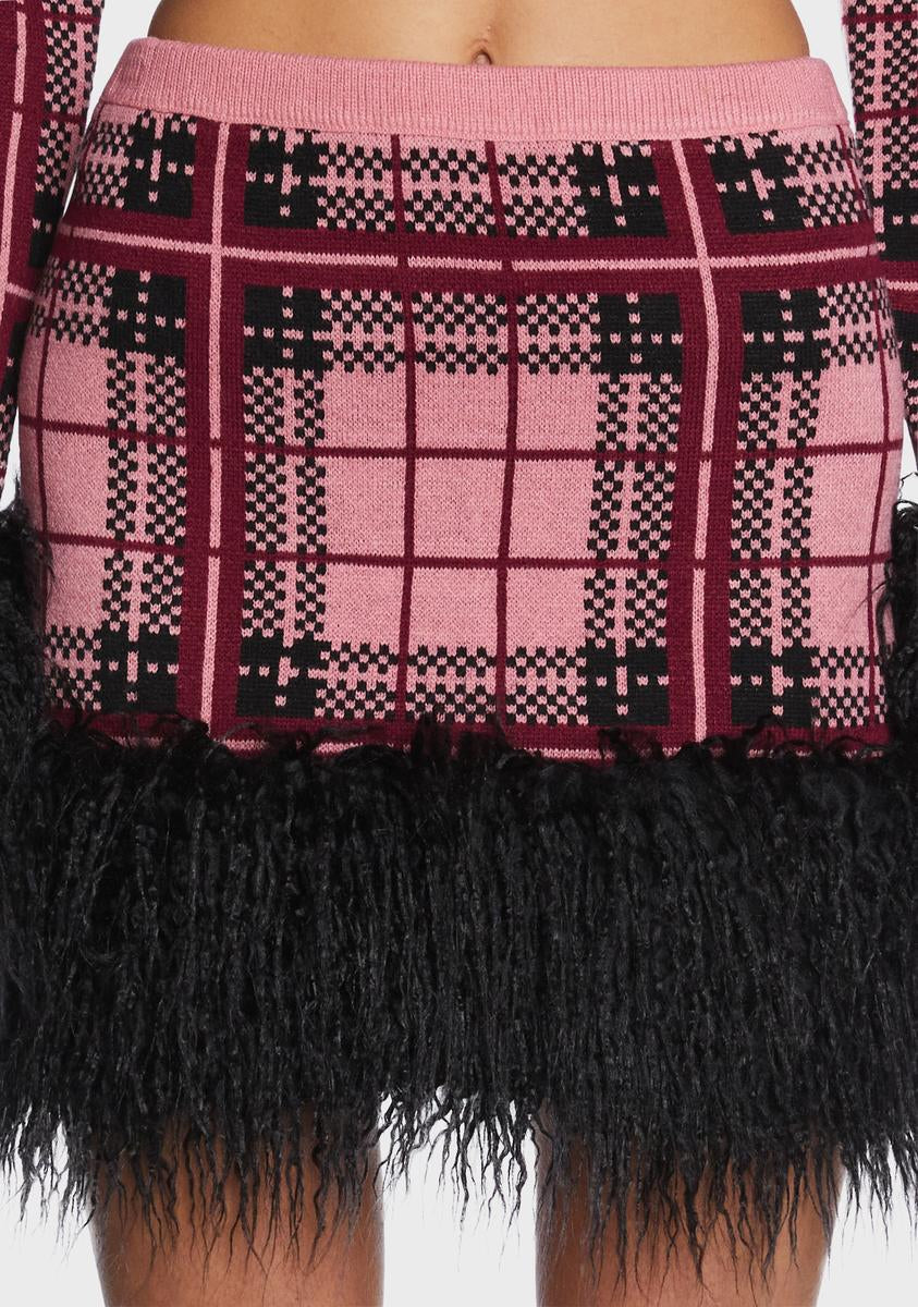 The Ragged Priest Fur Trim Plaid Knit Mini Skirt - Pink – Dolls Kill