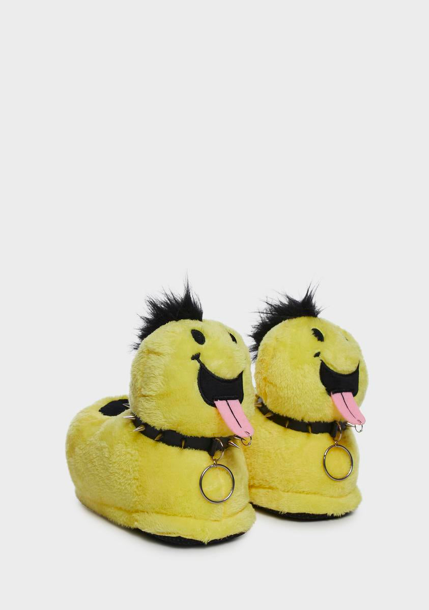Current Mood Fuzzy Punk Smile Tongue Out Slippers - Yellow – Dolls Kill
