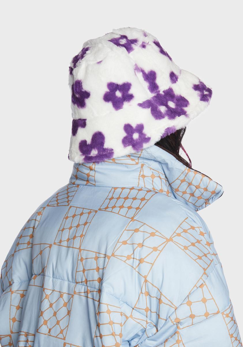 Faux Fur Floral Print Bucket Hat - White/Purple – Dolls Kill