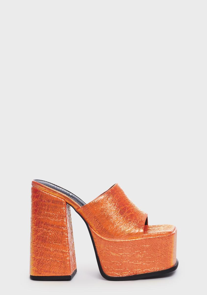 Shellys London Metallic Platform Heeled Mules - Orange Glitter – Dolls Kill