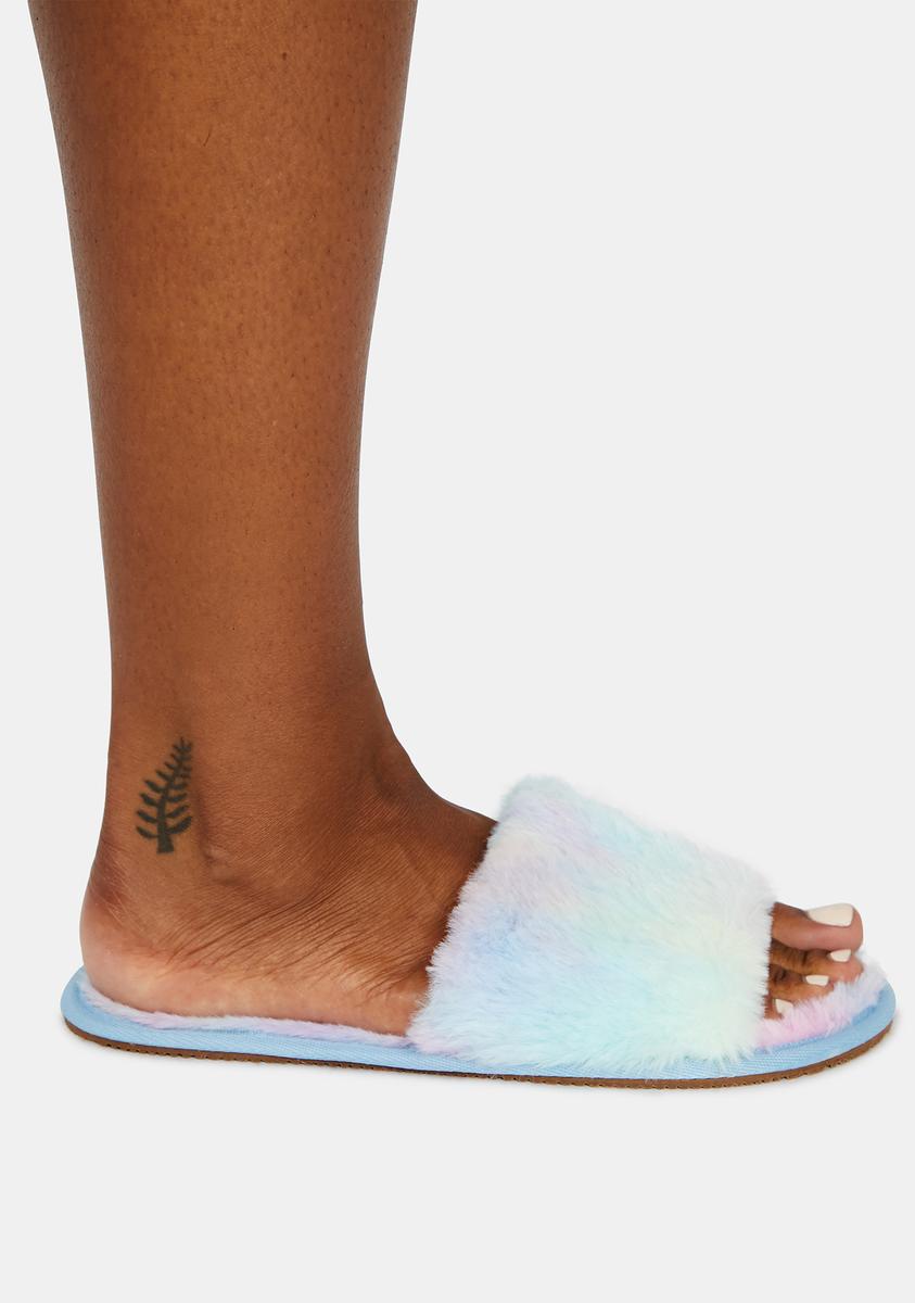 Fuzzy Fluffy Slipper Slides - Tie Dye Blue – Dolls Kill