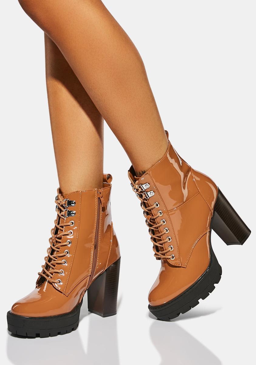 AZALEA WANG Brown Patent Asa Heeled Boots – Dolls Kill