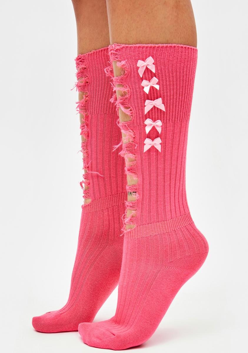 Distressed Crew Socks With Satin Bows - Pink – Dolls Kill