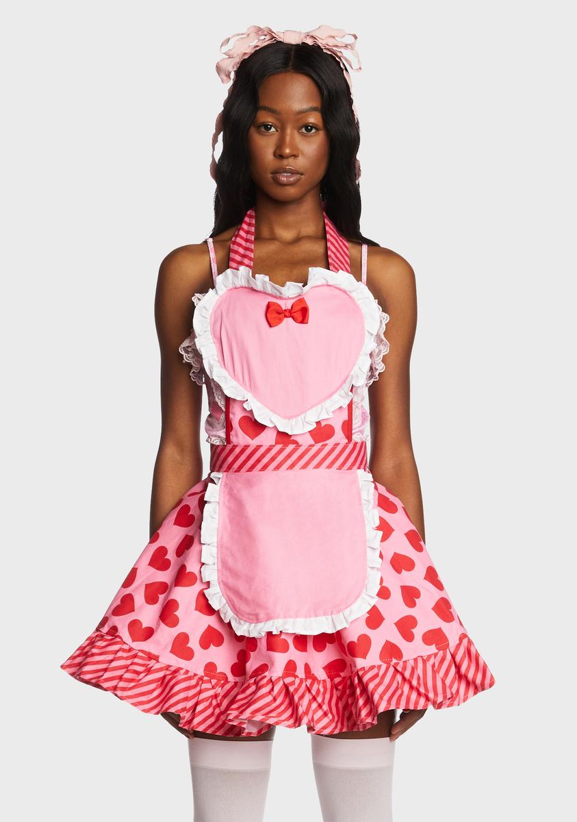 Dolls Home Heart And Stripes Print Ruffled Trim Apron - Pink – Dolls Kill