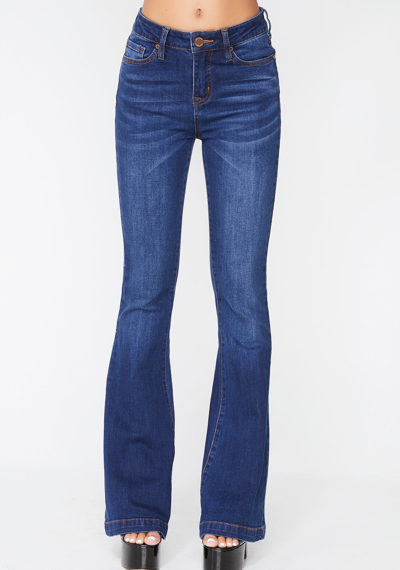 Mid Rise Dark Wash Denim Flares – Dolls Kill