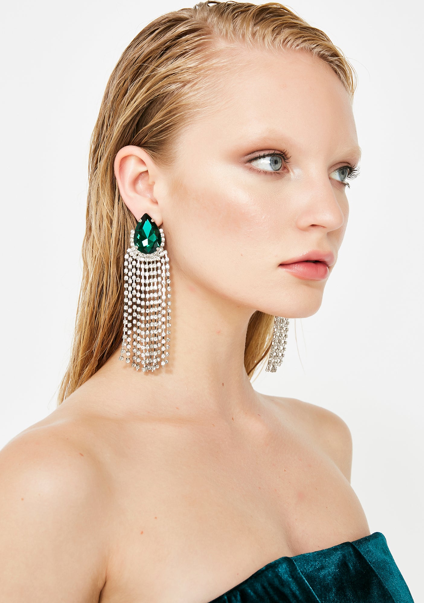 Green 80s Glam Rhinestone Earrings – Dolls Kill
