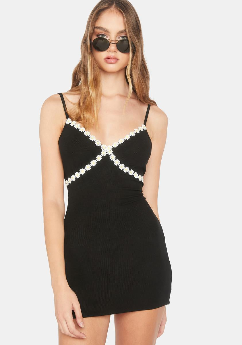 Knit Mini Dress With Daisy Trim - Black – Dolls Kill
