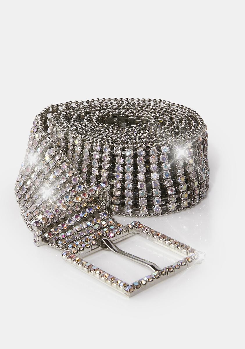 Iridescent Crystal Rhinestone Buckle Belt - Silver – Dolls Kill