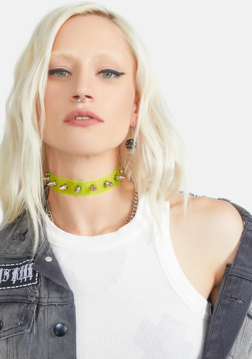 Vinyl Choker With Spike Studs - Neon Yellow – Dolls Kill