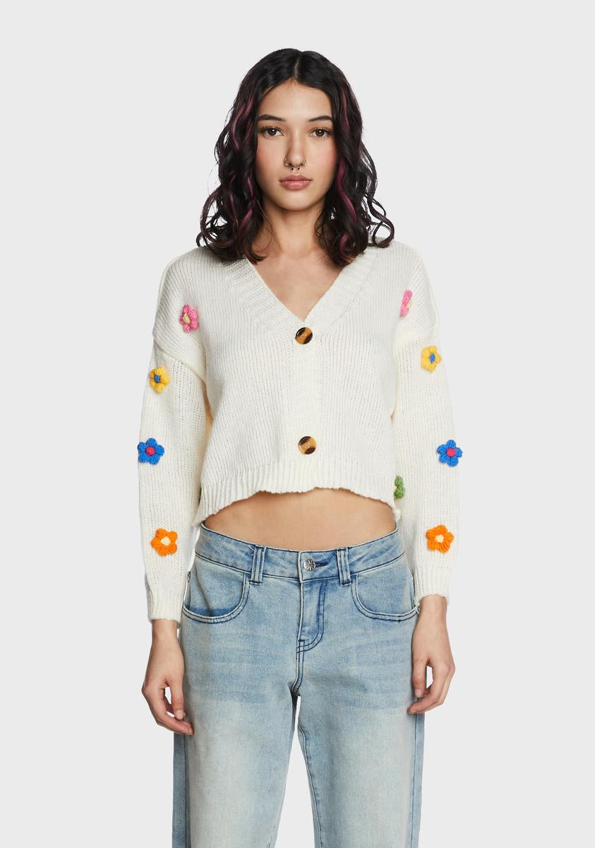 Knit Crochet Floral Crop Cardigan - White – Dolls Kill