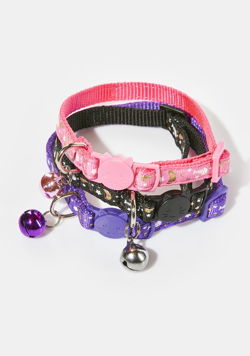 3-Piece Bell Star Moon Printed Cat Collar Set - Pink/Purple/Black ...
