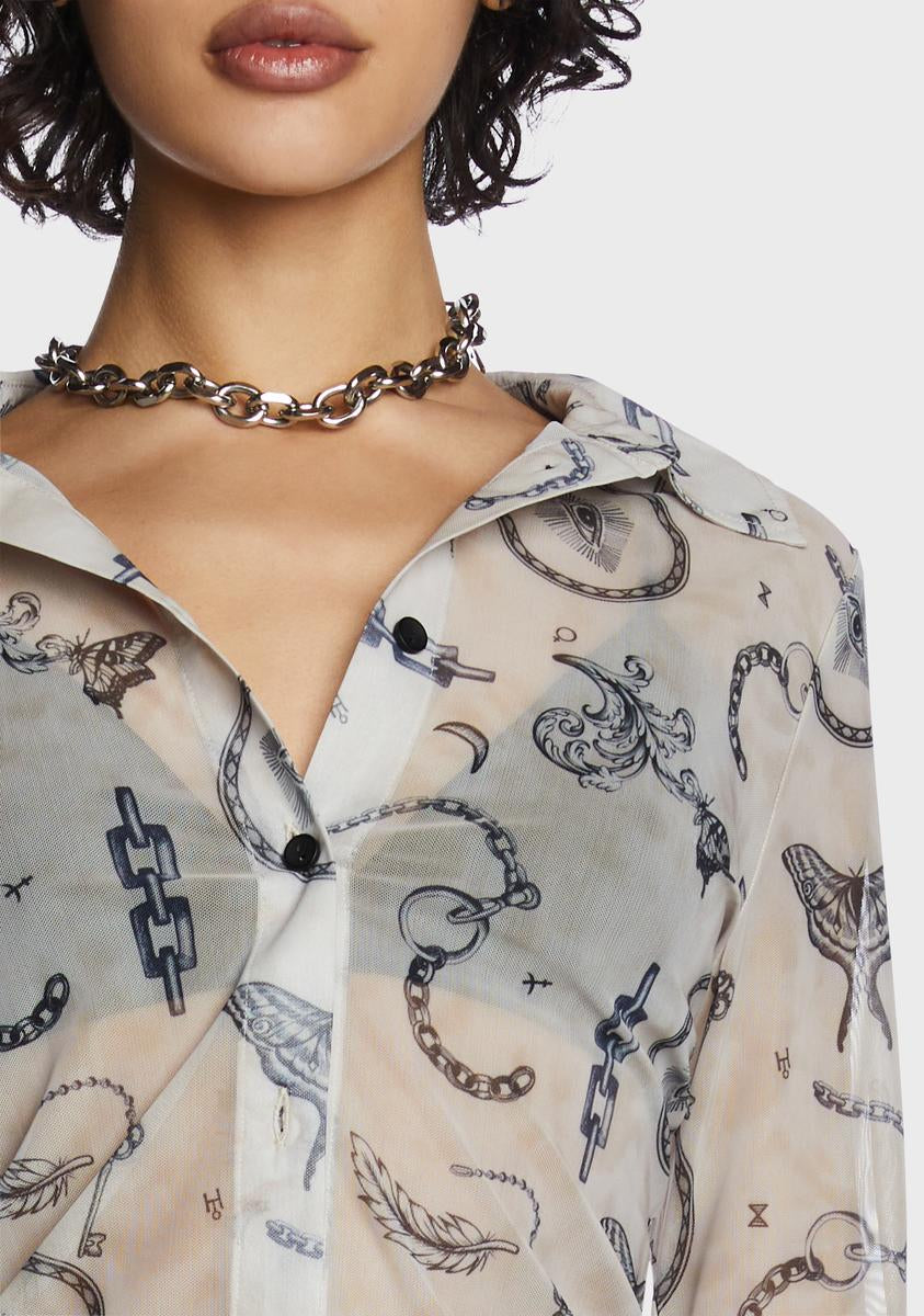 Milk It Sheer Graphic Print Long Sleeve Button Up - Off White/Beige ...