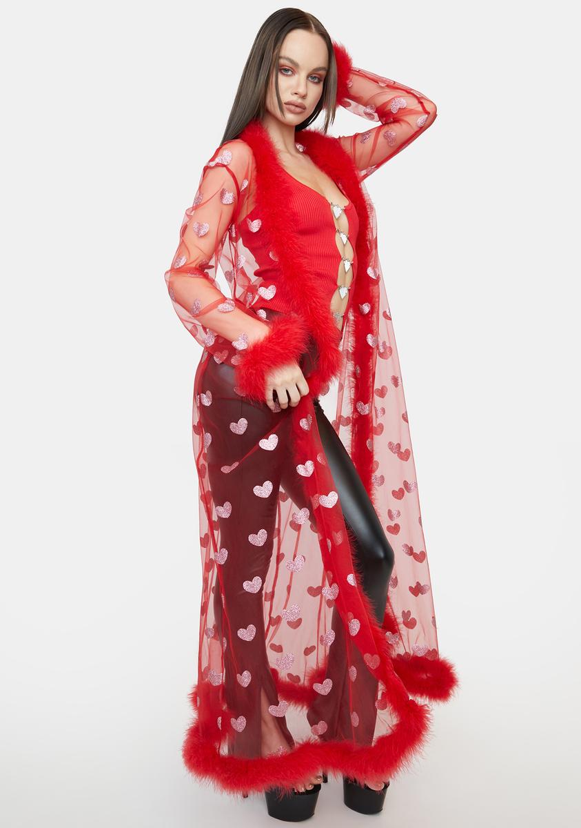Sheer Heart Print Long Robe With Marabou - Red – Dolls Kill