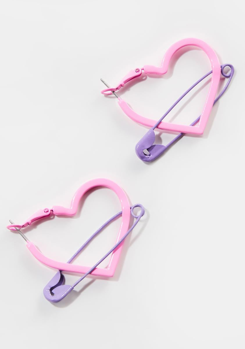 Heart With Safety Pin Hoop Earrings - Pink/Purple – Dolls Kill