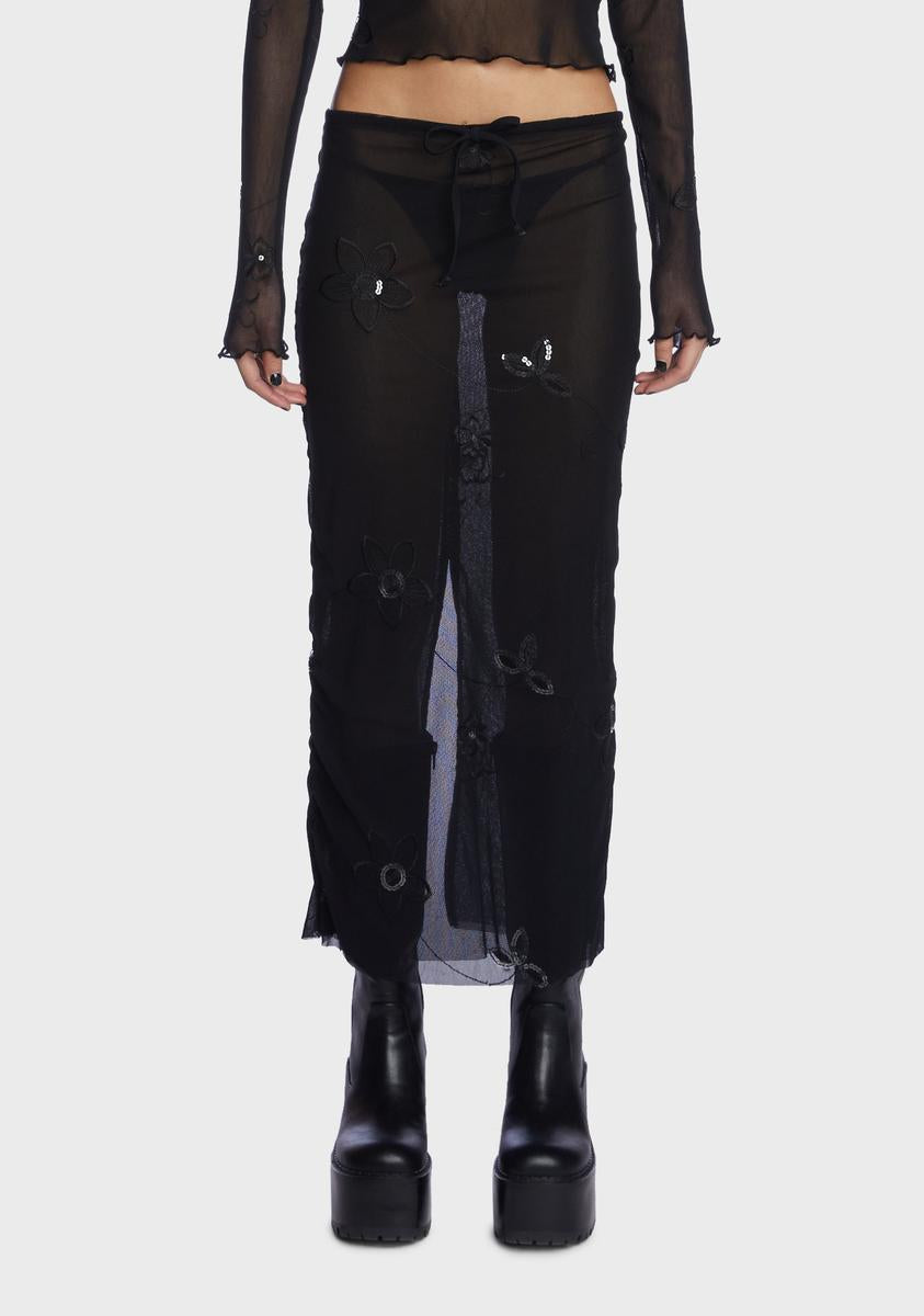 Low Rise Sheer Mesh Floral Sequin Midi Skirt - Black – Dolls Kill
