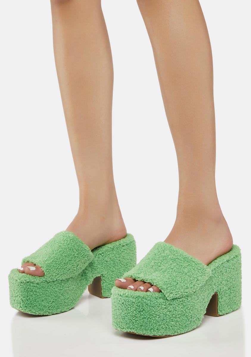 Lemon Drop by Privileged Faux Fur Platform Sandals - Green – Dolls Kill