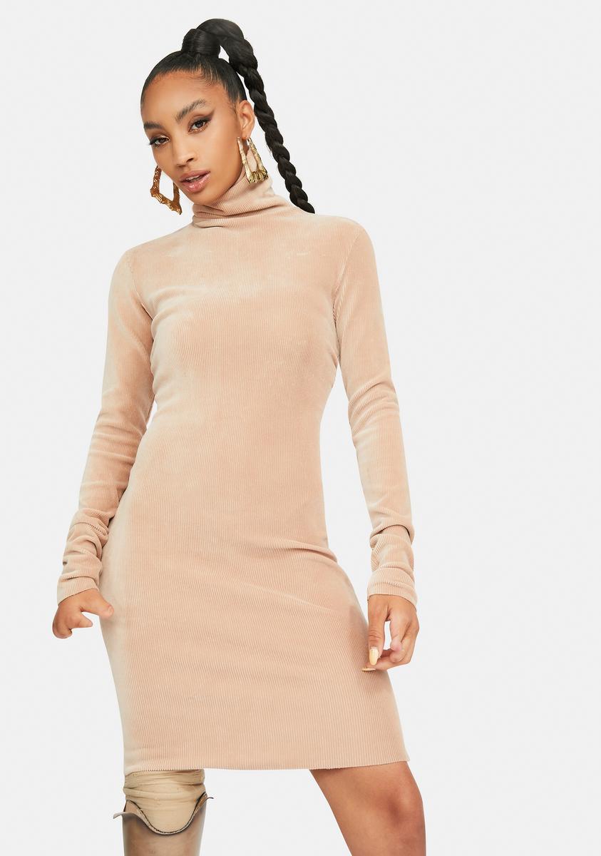 KYOKO Soft Ribbed Turtleneck Long Sleeve Bodycon Mini Dress - Light ...