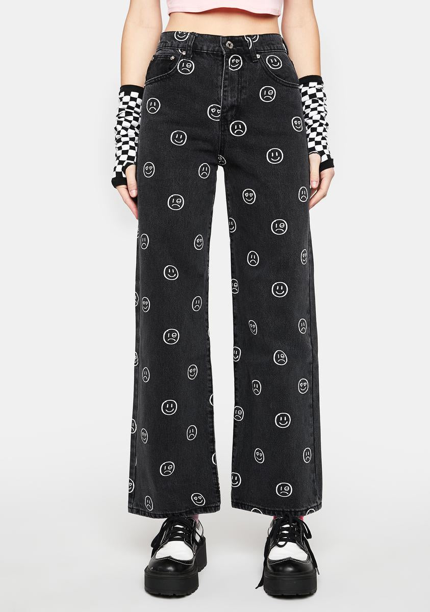 Edikted Happy Sad Face Print Denim Jeans - Black – Dolls Kill