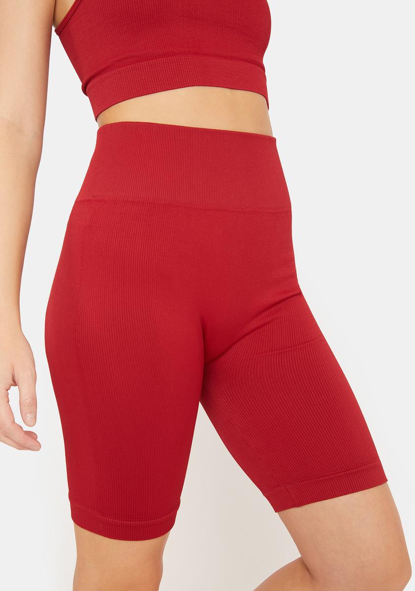 Ribbed Knit High Waist Long Biker Shorts Red – Dolls Kill