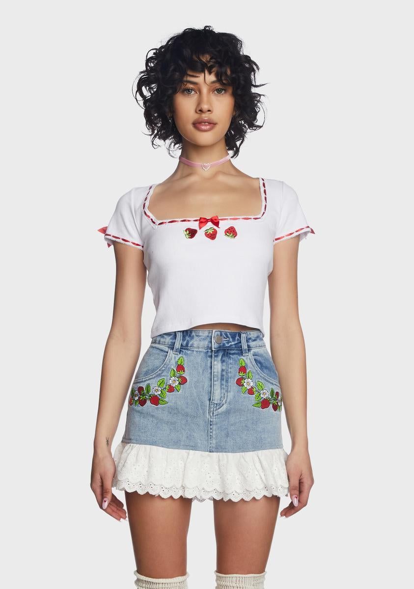 Dolls Kill X Strawberry Shortcake Embroidered Strawberry Crop Tee - White