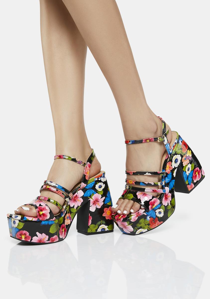 Floral Print Strappy Block Heels - Multi – Dolls Kill