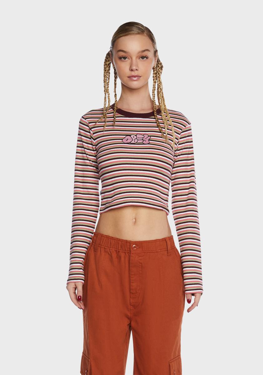 Obey Striped Ribbed Embroidered Crop Long Sleeve Tee - Sweet Coral ...