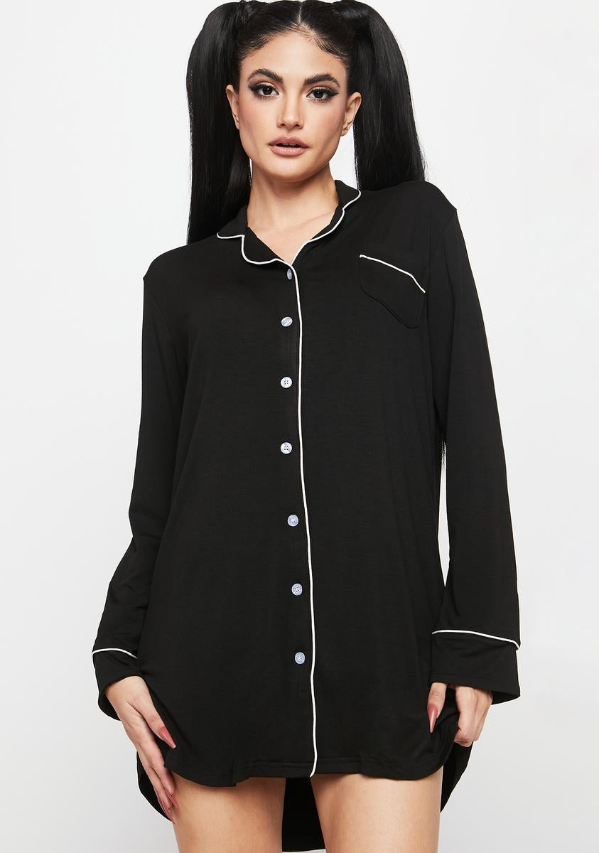 Contrast Trim Scalloped Collar Button Up Sleep Shirt Black – Dolls Kill