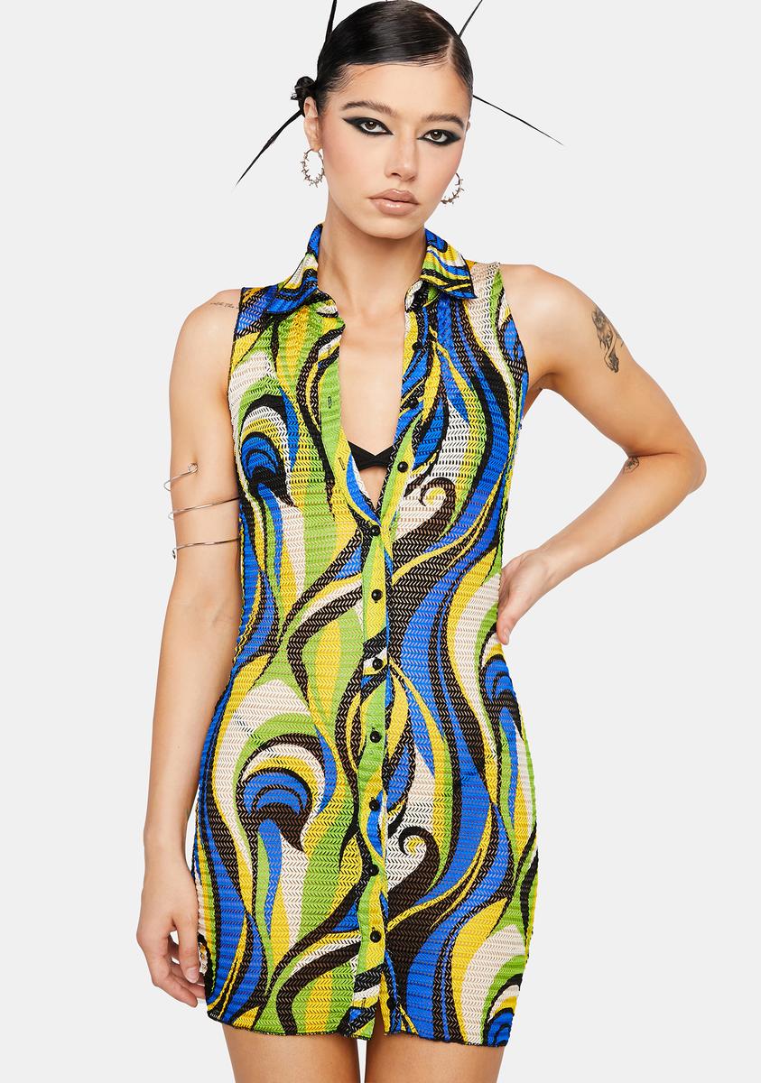 Multi-Colored Wavy Print Collared Neck Netted Mini Dress- Green/Yellow ...