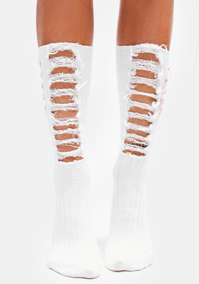 Distressed Crew Socks With Satin Bows - White – Dolls Kill