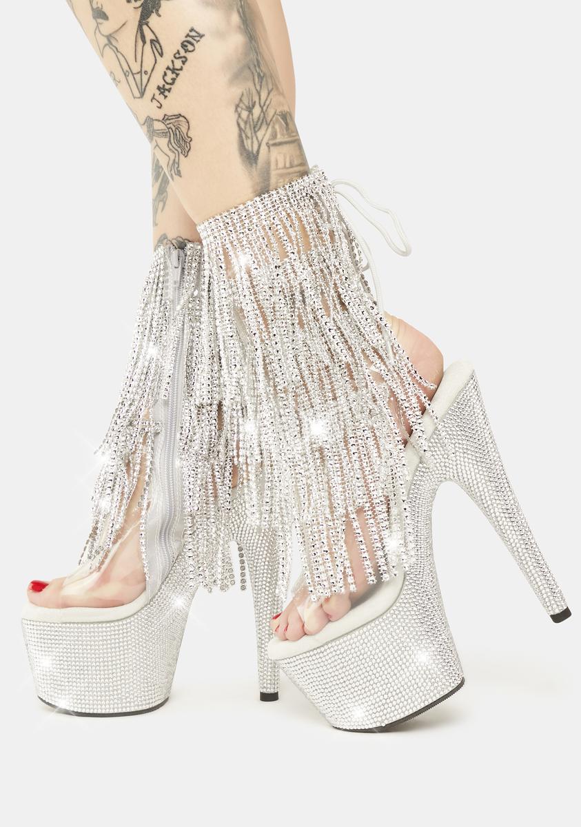 Pleaser Rhinestone Layered Fringe Platform Stiletto Heels - Silver ...