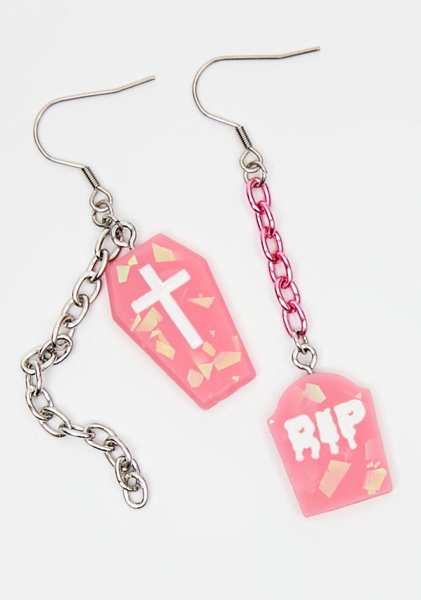 Cross And Rip Coffin Chain Drop Earrings - Pink – Dolls Kill
