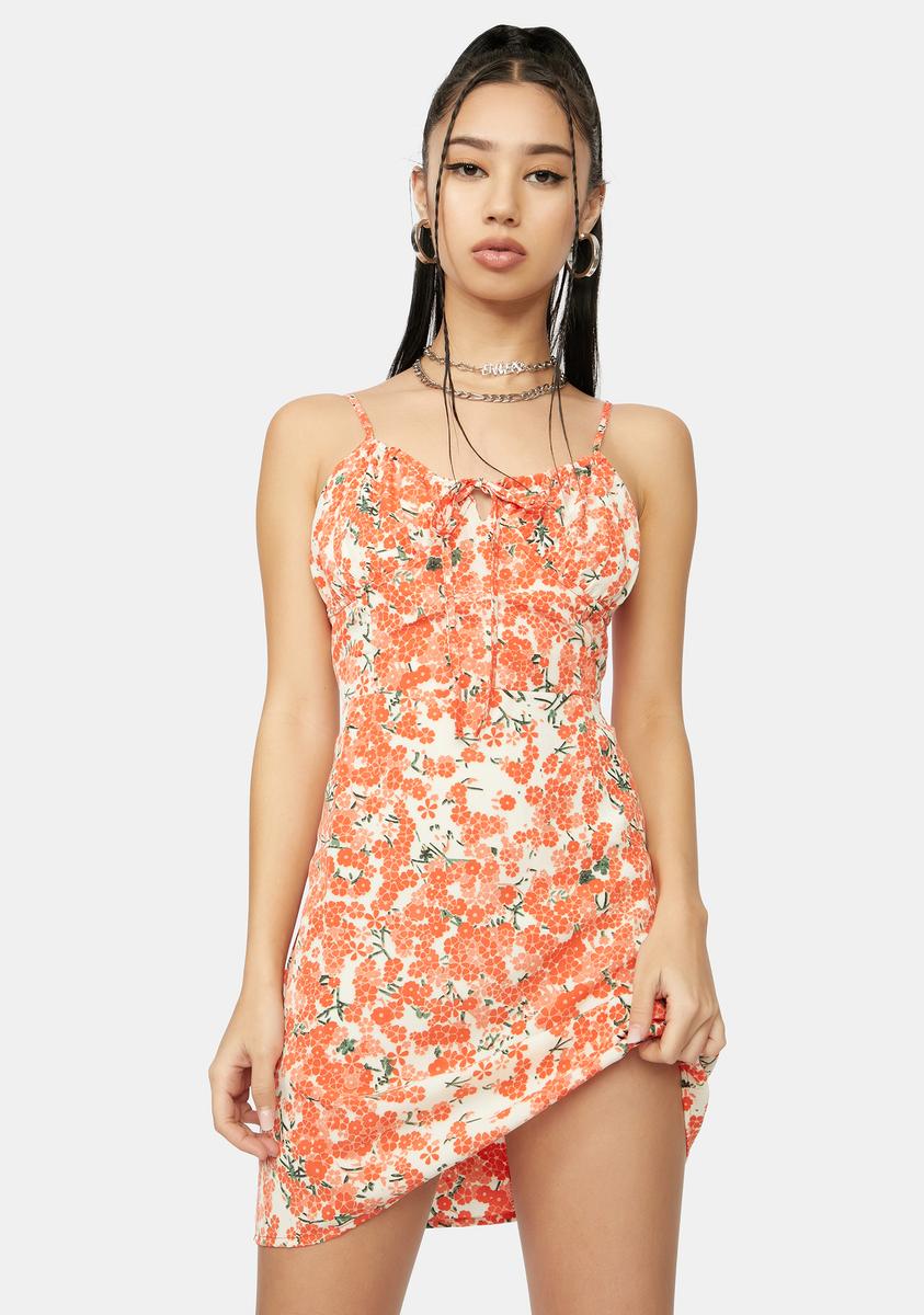Floral Print Drawstring Bust Tie Bodycon Mini Dress - Orange – Dolls Kill