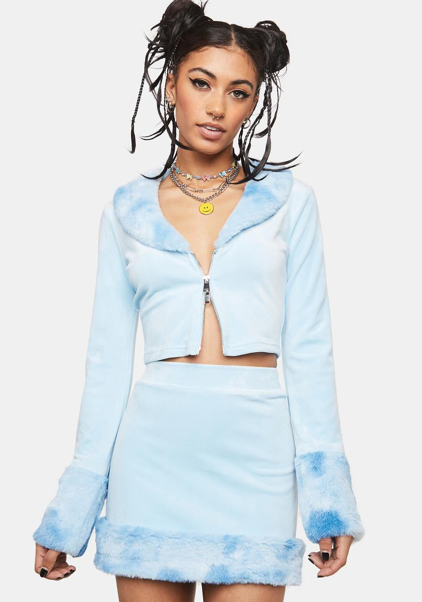 Faux Fur Trim Collared Crop Cardigan - Blue – Dolls Kill
