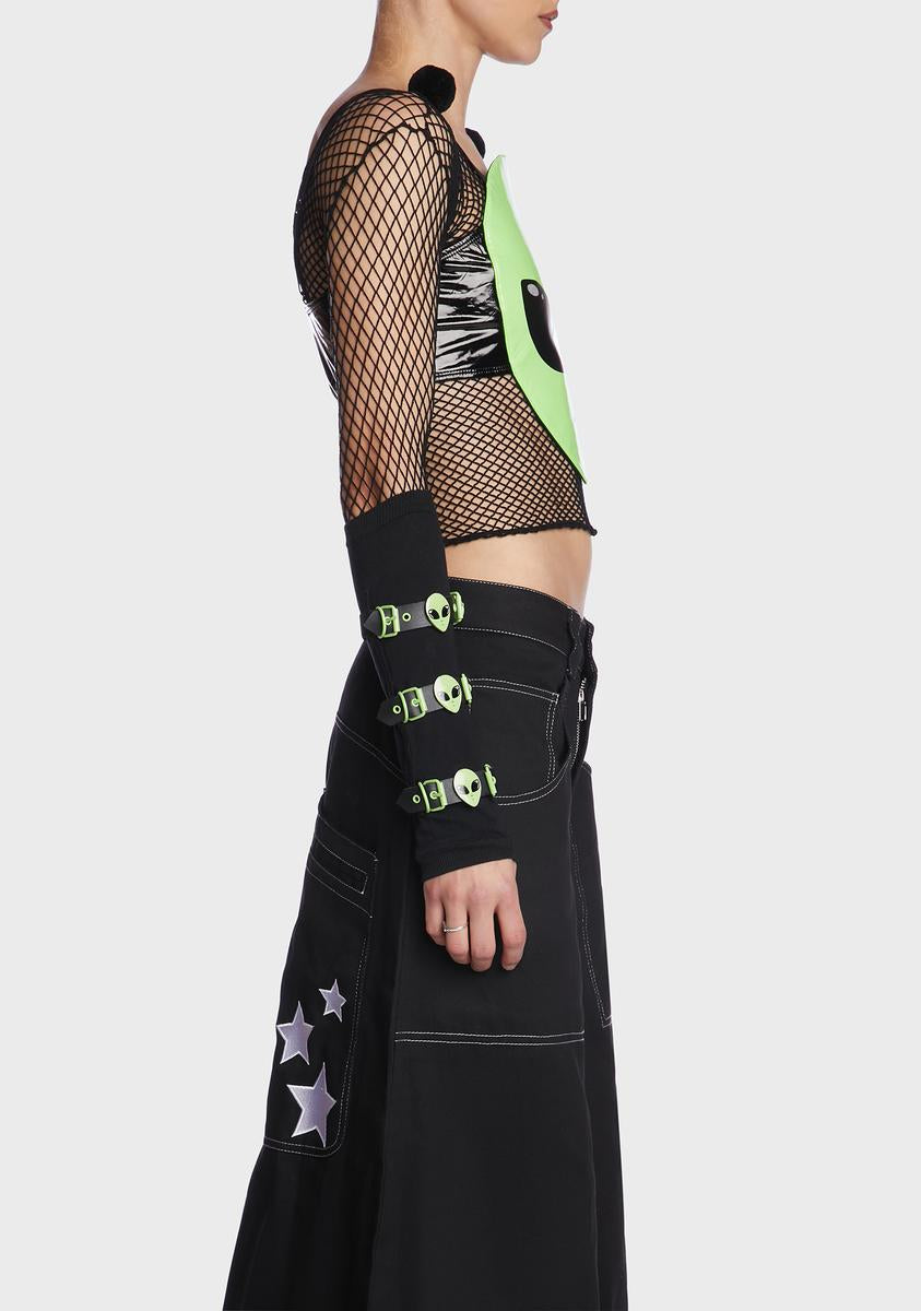 Knit Arm Warmers With Alien Triple Buckle Closures - Black/Green ...