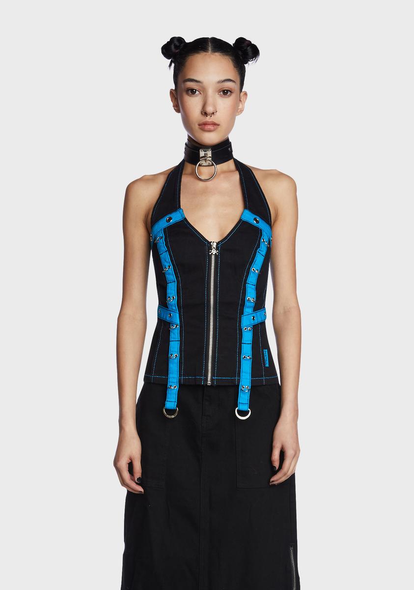 Tripp NYC Skull Zip Up Corset Top - Black/Blue – Dolls Kill