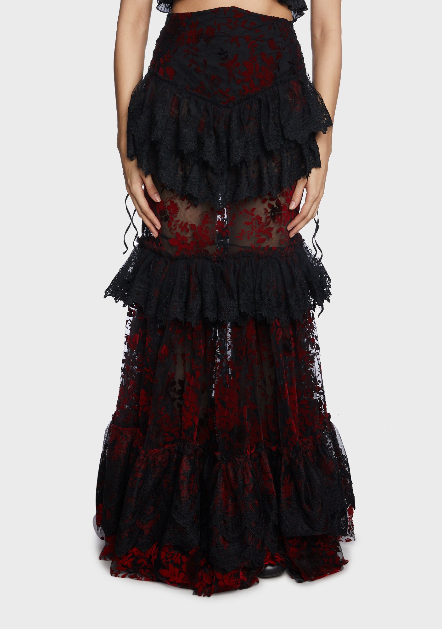 Punk Rave Ruffle Lace Mesh Maxi Skirt - Black/Red – Dolls Kill
