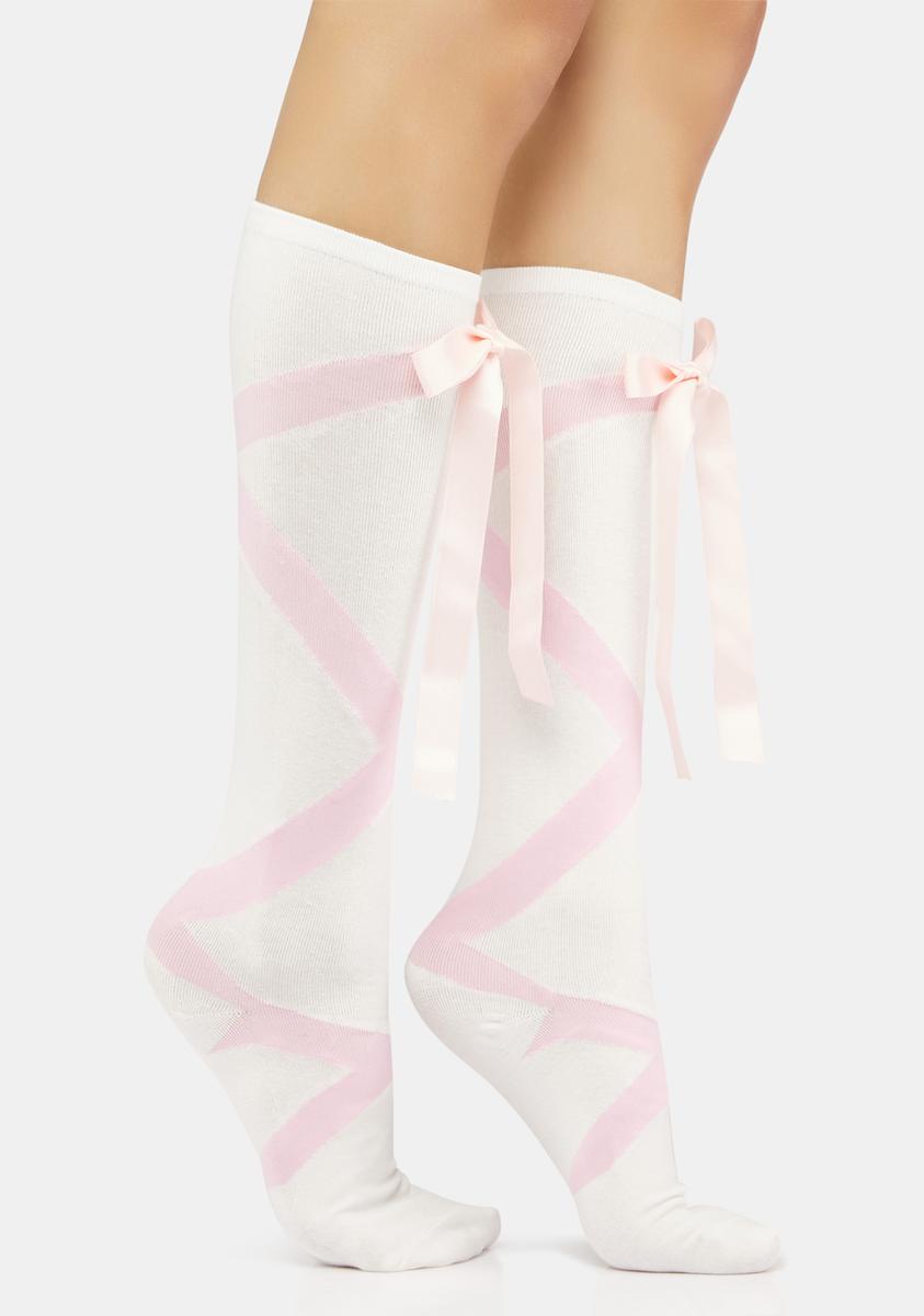 Knee-High Ballet Bow Socks - White/Pink – Dolls Kill