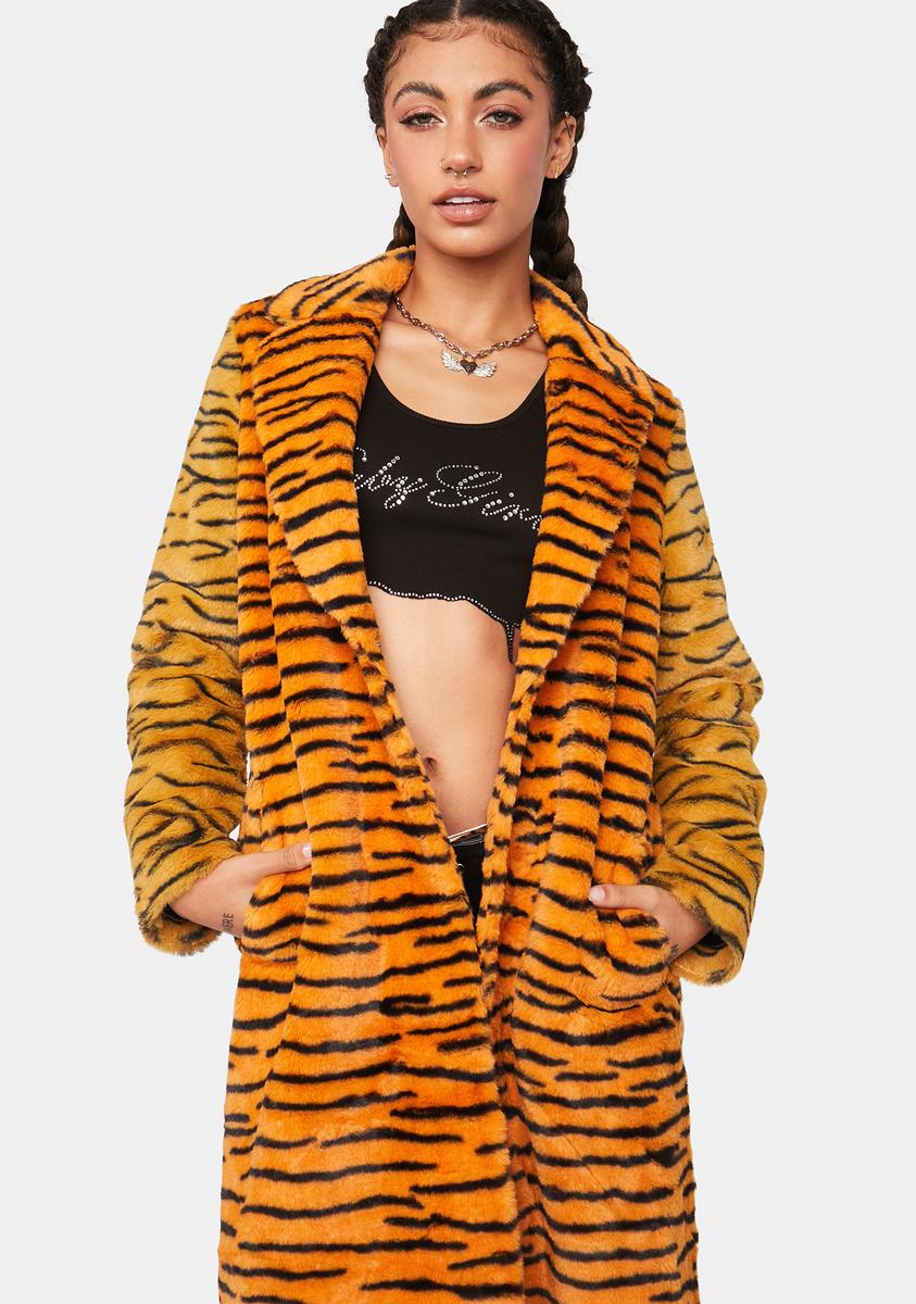 Superforme Faux Fur Notched Collar Printed Coat - Orange Tiger – Dolls Kill