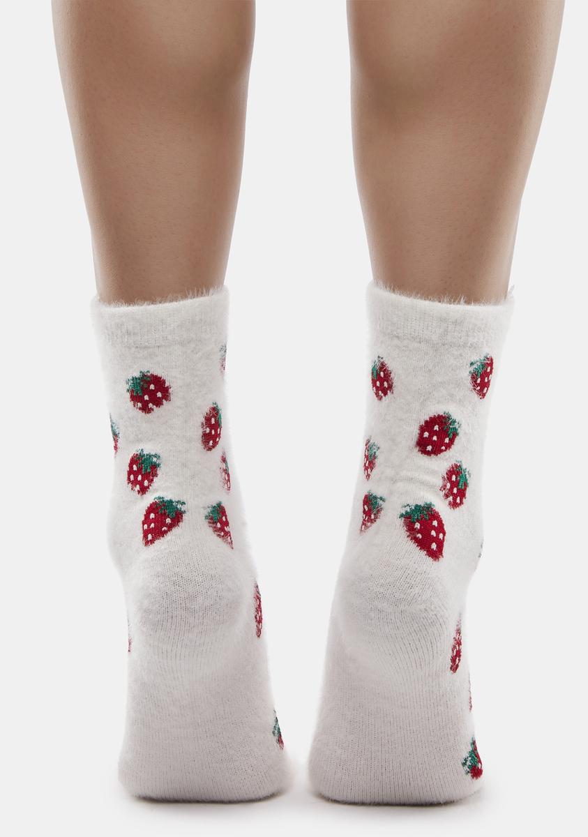 MeMoi Strawberry Fuzzy Knit Crew Socks - White – Dolls Kill