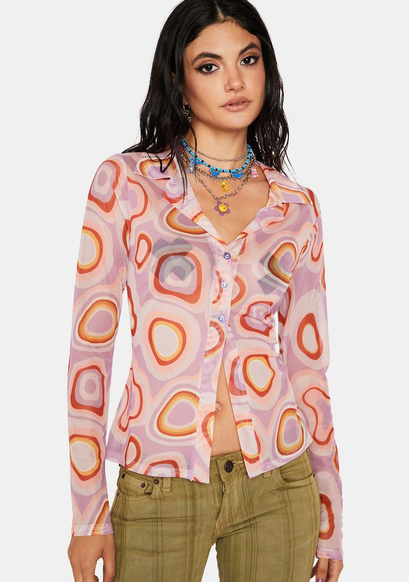 Another Reason Mesh Button Up Circle Swirl Print Top - Pink/Red – Dolls ...